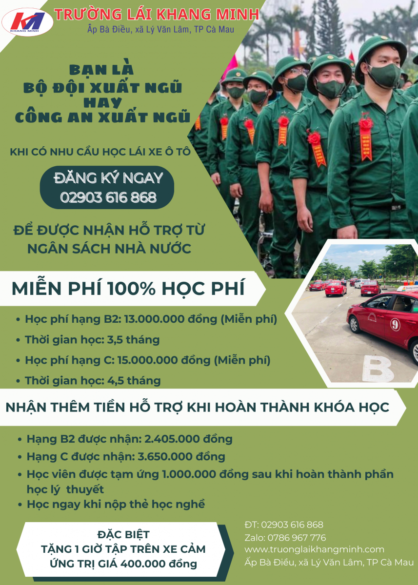 MIỄN PHÍ HỌC PHÍ VÀ HỖ TRỢ TIỀN ĂN UỐNG CHO BỘ ĐỘI, CÔNG AN XUẤT NGŨ (Bấm xem chi tiết)